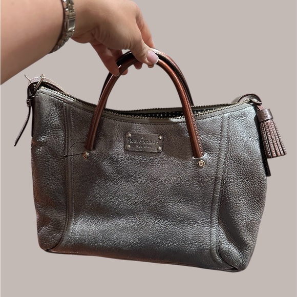kate spade | Bags | Kate Spade Metallic Gray Satchel With Brown Handles ...